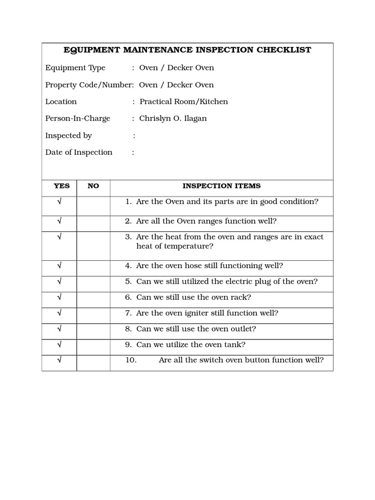 Ok EQUIPMENT MAINTENANCE INSPECTION CHECKLIST | PDF
