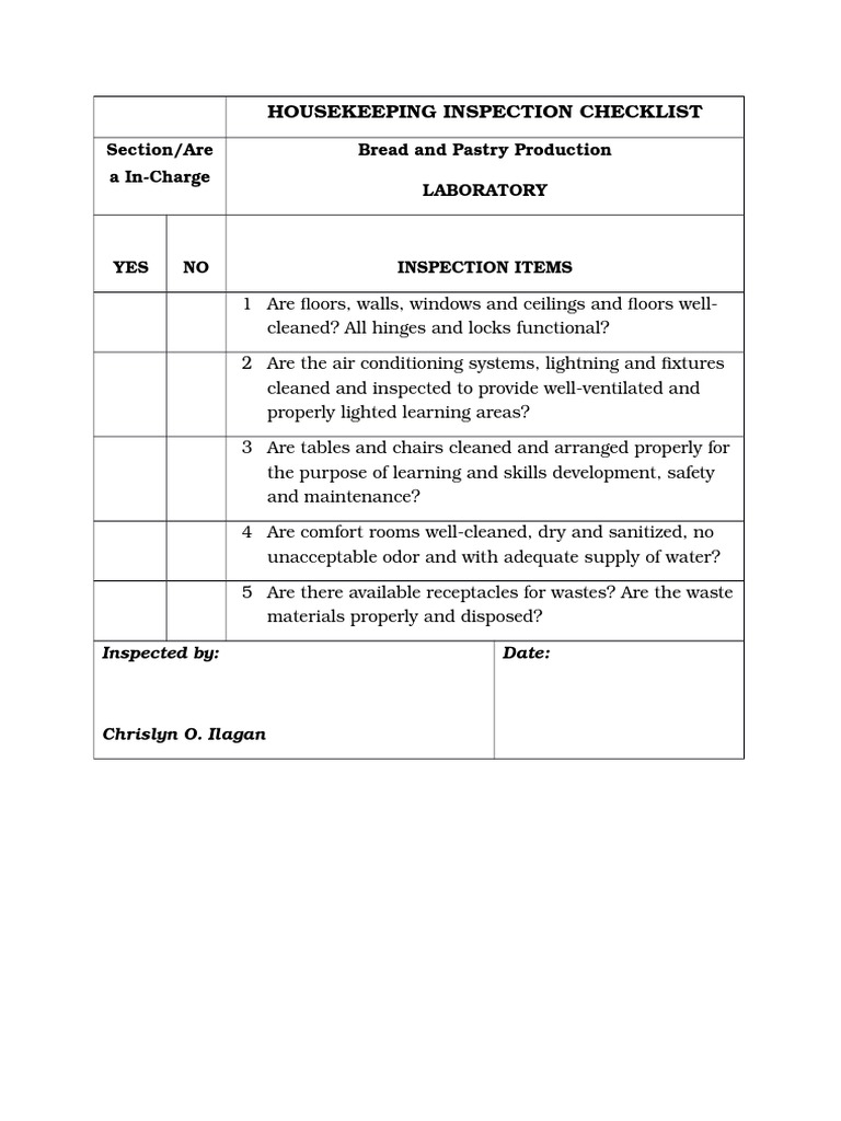 Ok HOUSEKEEPING INSPECTION CHECKLIST | PDF