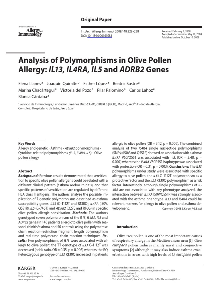 Analysis of Polymorphisms in Olive Pollen Allergy: IL13, IL4RA, IL5 and ...