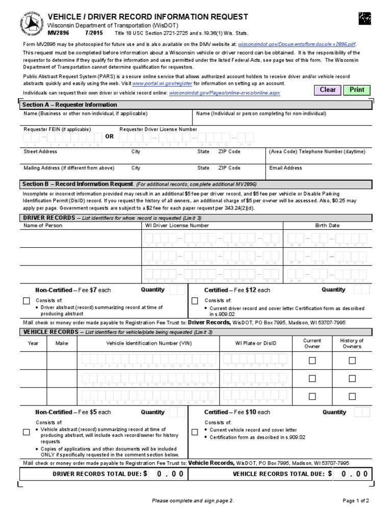 Wisconsin Driver Record Request Form | PDF | Government Information ...