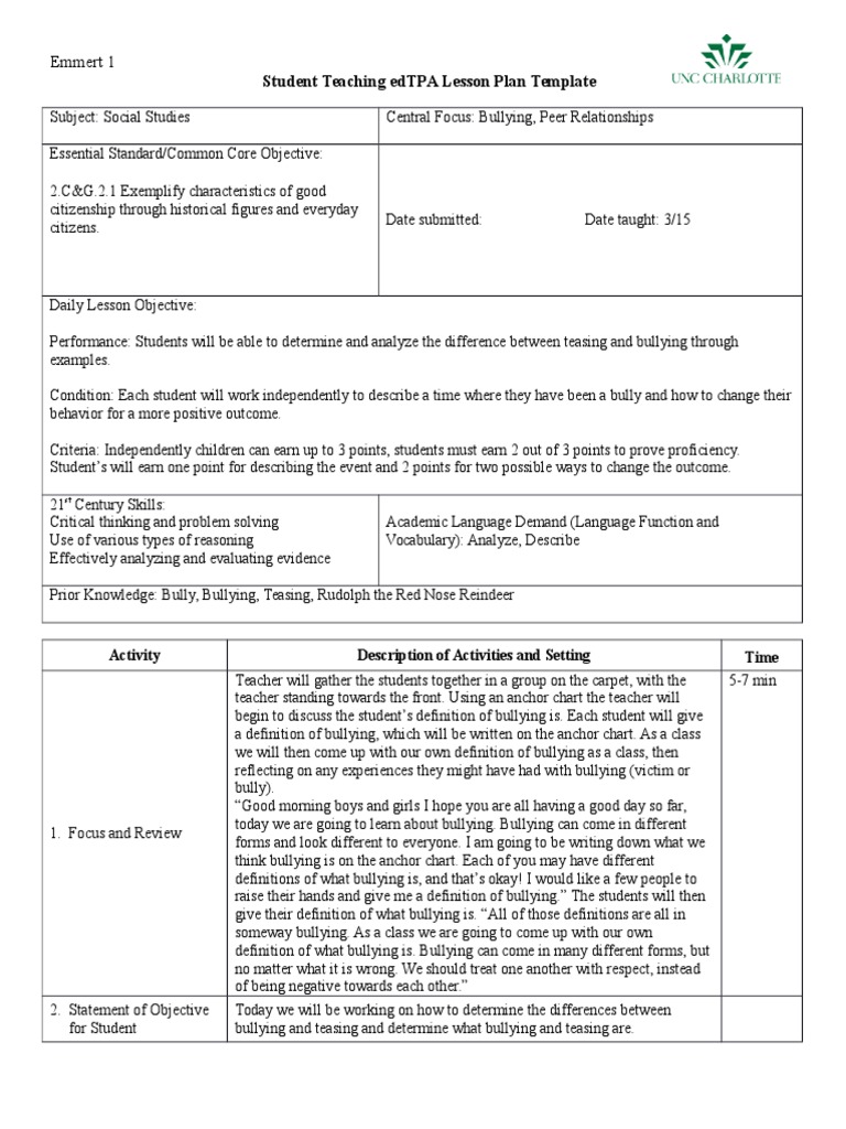 Student Teaching Edtpa Lesson Plan Template: Emmert 1 | PDF | Bullying ...