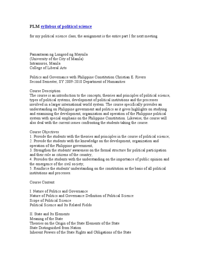 PLM Syllabus of Political Science | PDF | Citizenship | Suffrage