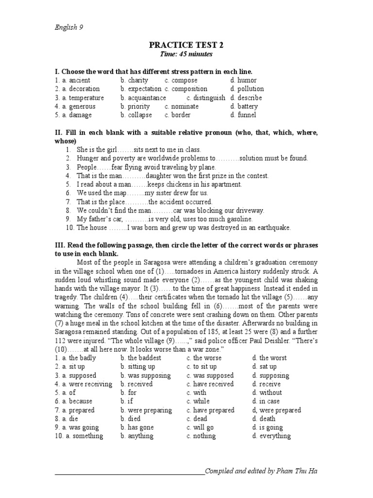 Practice Test 2: English 9 | Download Free PDF | Natural Disasters ...