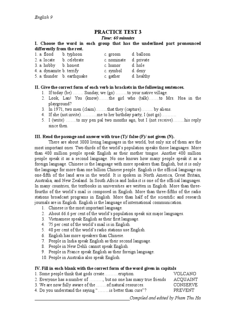 Practice English Exam: Grammar, Vocabulary, Reading Comprehension, and ...
