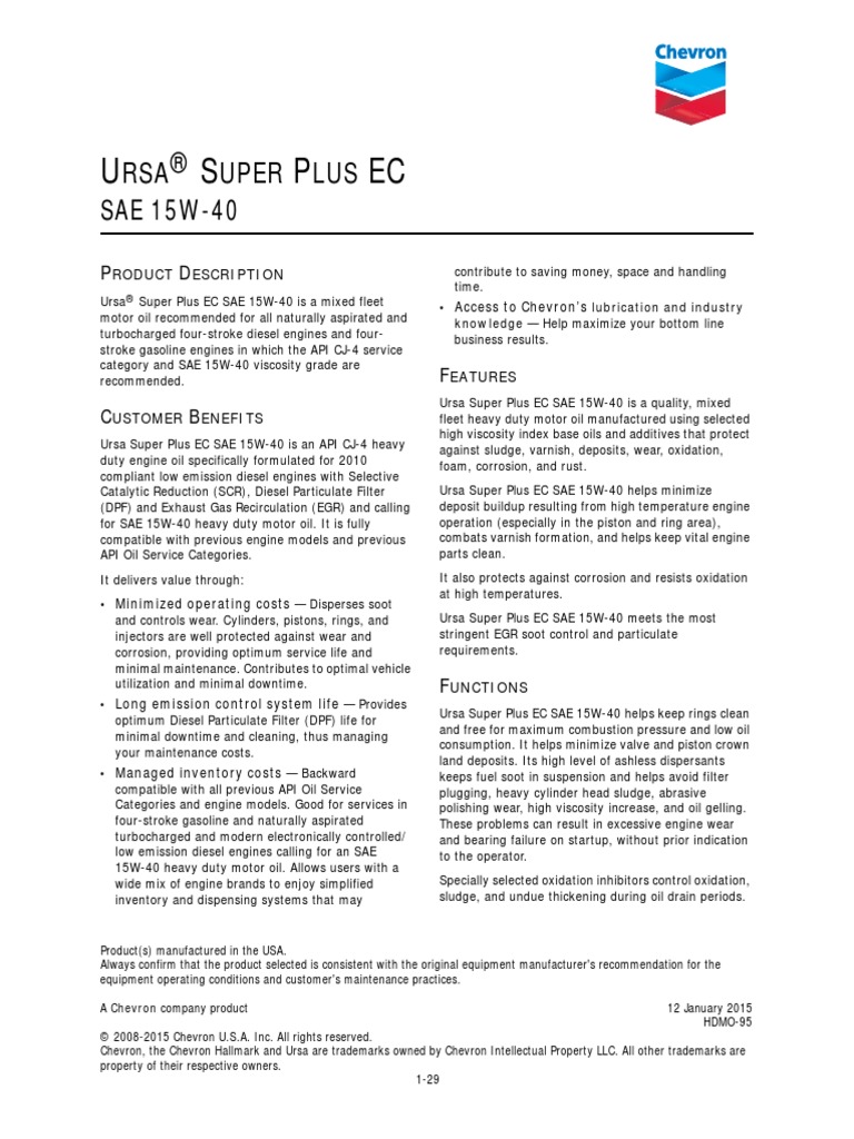 Tds Chevron Ursa Cj4 15w40 | PDF | Motor Oil | Diesel Engine