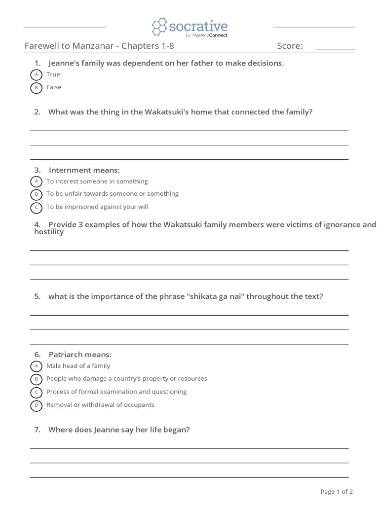 Farewell to Manzanar: Chapters 1-8 Quiz | PDF