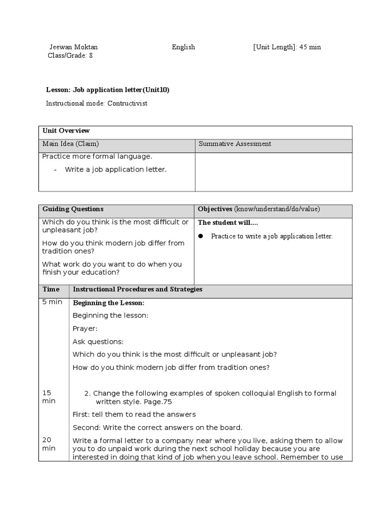 Job Application Letter for Grade 8 | PDF | Educational Assessment ...