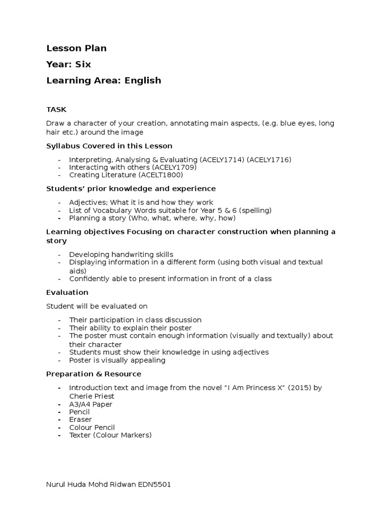 Lesson Plan Year: Six Learning Area: English | PDF | Communication ...