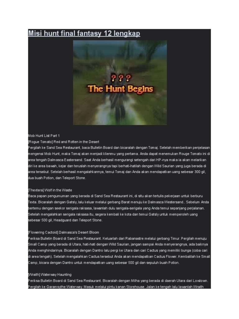 Panduan Lengkap Misi Hunt FF12 | PDF