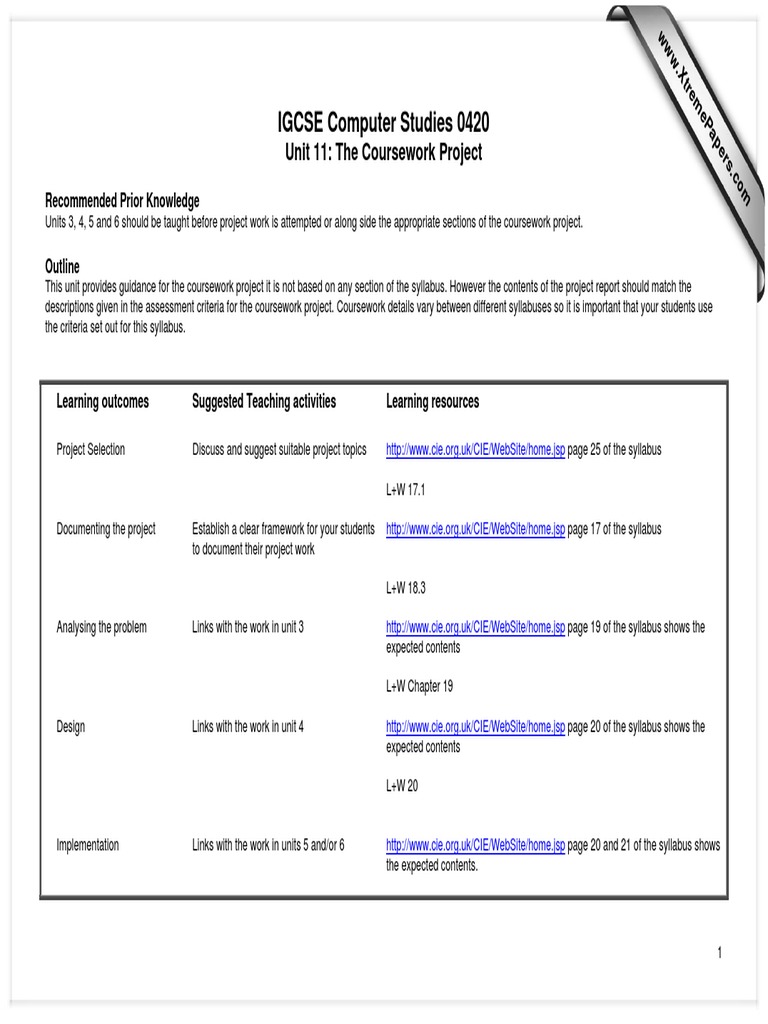 IGCSE Computer Studies 0420: Unit 11: The Coursework Project | PDF | Syllabus | Educational ...