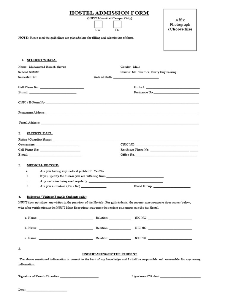 NUST Hostel Admission Form New | PDF | Email | Computing And ...