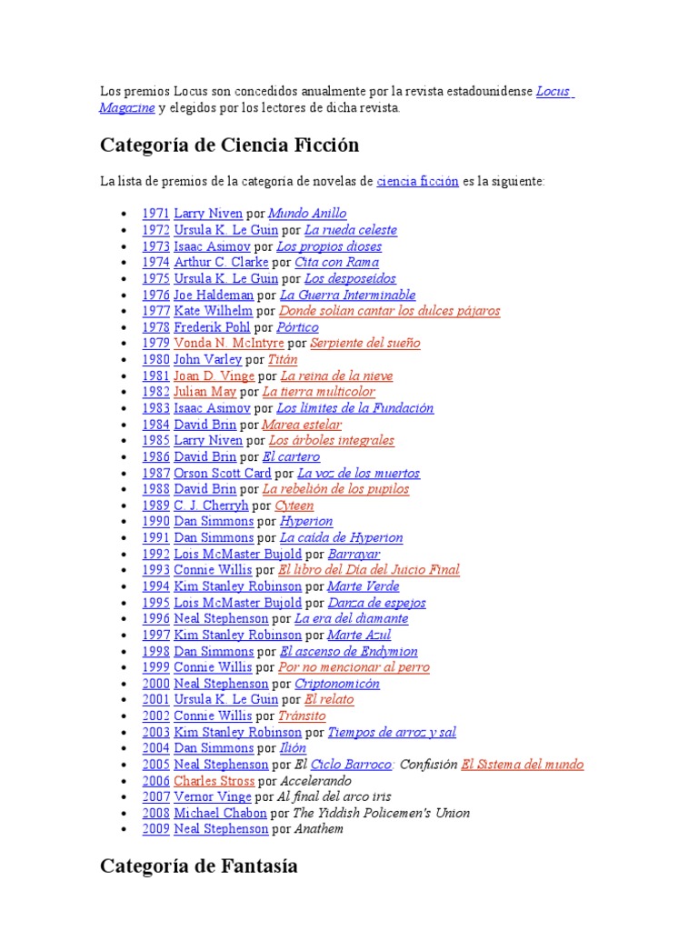 Listado Premios Locus | PDF | Ciencia ficción | Ganadores del Premio Nebula