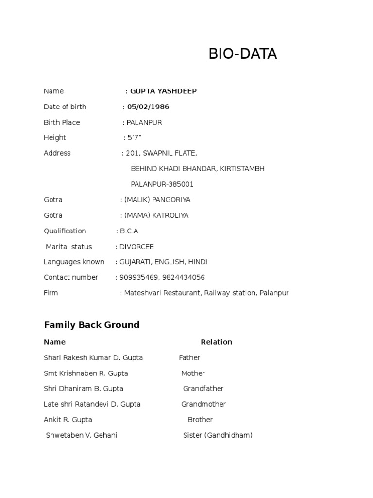 Bio-Data: Family Back Ground | PDF