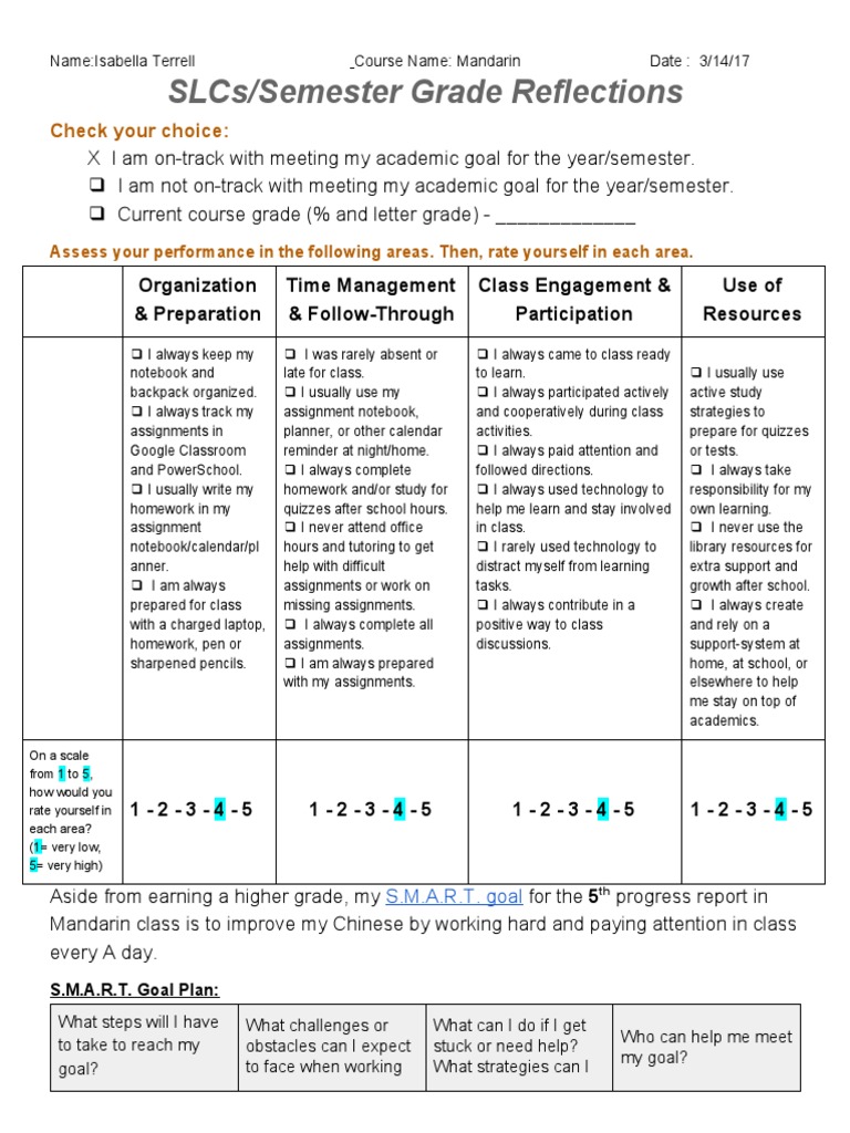 Slcs/Semester Grade Reflections | PDF | Homework | Applied Psychology