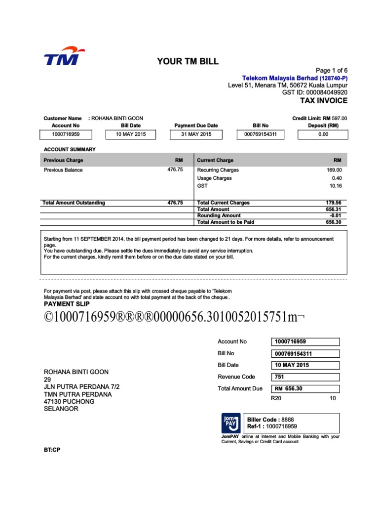 Your TM Bill: Page 1 of 6 Level 51, Menara TM, 50672 Kuala Lumpur GST ...