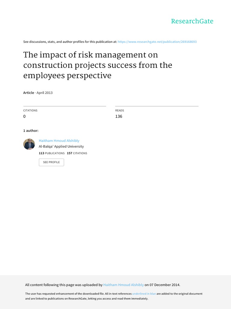 The Impact of Risk Management On Construction Projects Success PDF ...