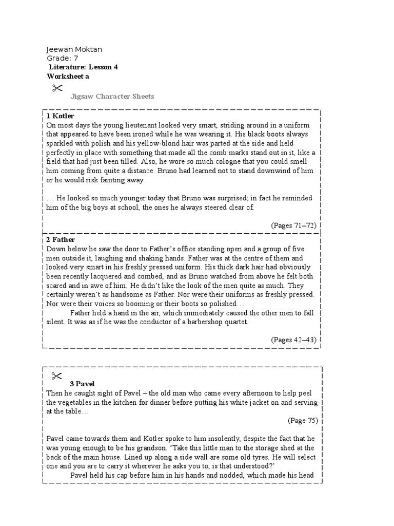 Jigsaw Character Sheets: Literature: Lesson 4 Worksheet A | PDF | Clothing