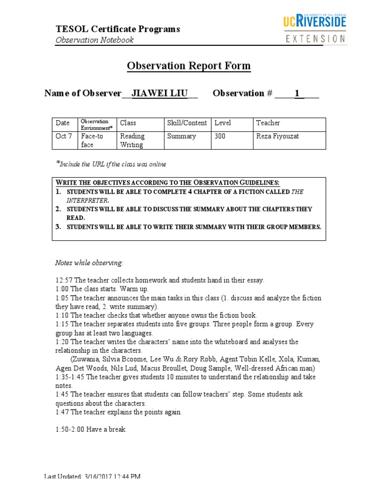 Observation Form1 | PDF | Classroom Management | English As A Second Or Foreign Language