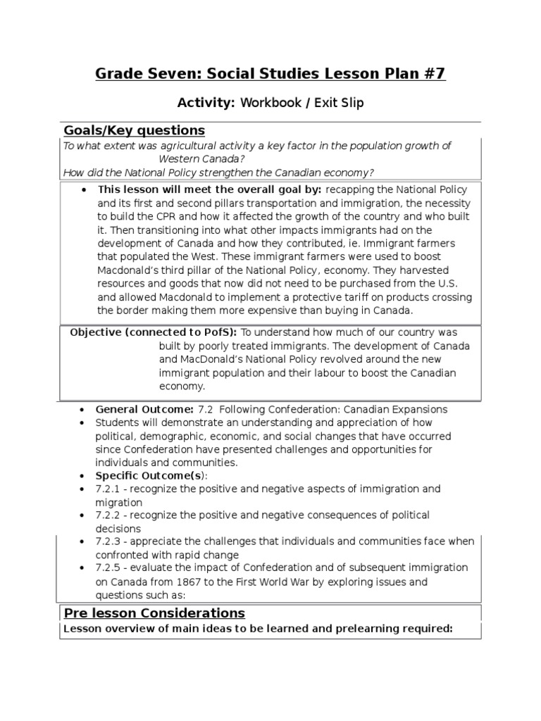Grade Seven: Social Studies Lesson Plan #7: Activity: Workbook / Exit ...
