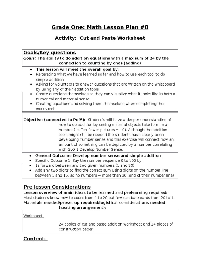 Grade One: Math Lesson Plan #8: Activity: Cut and Paste Worksheet Goals ...