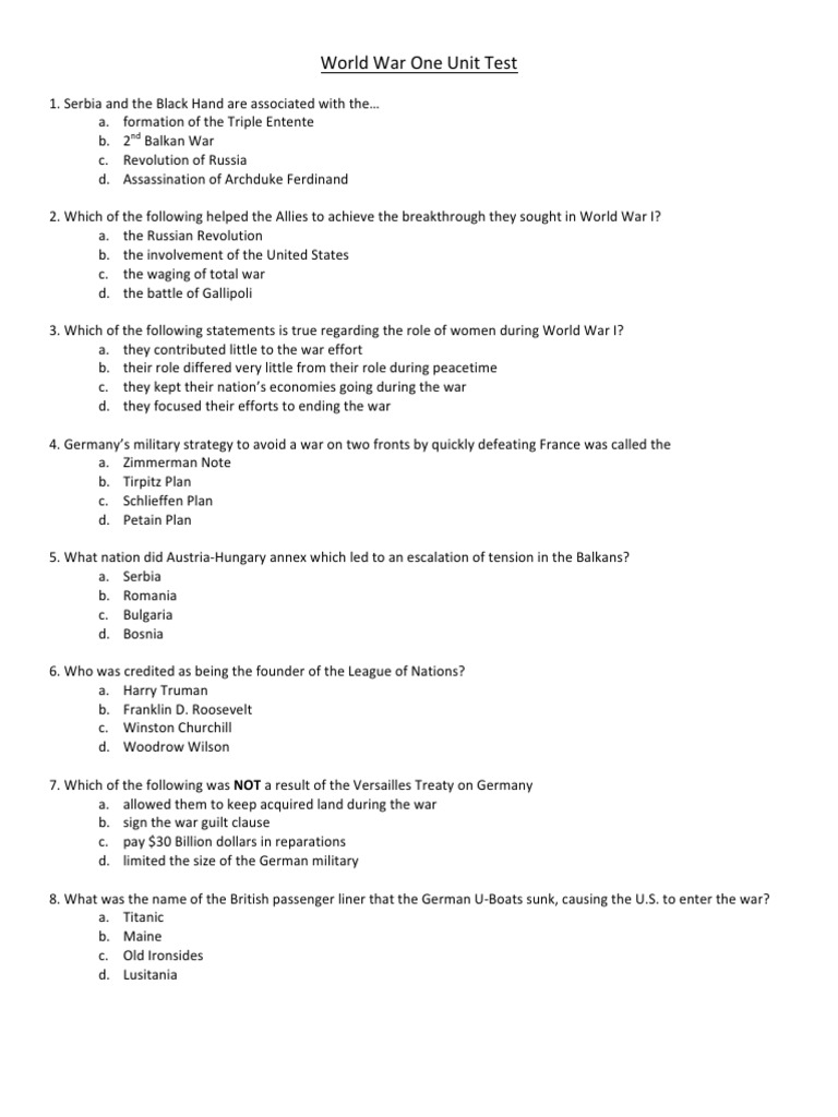 World War One Unit Test | PDF