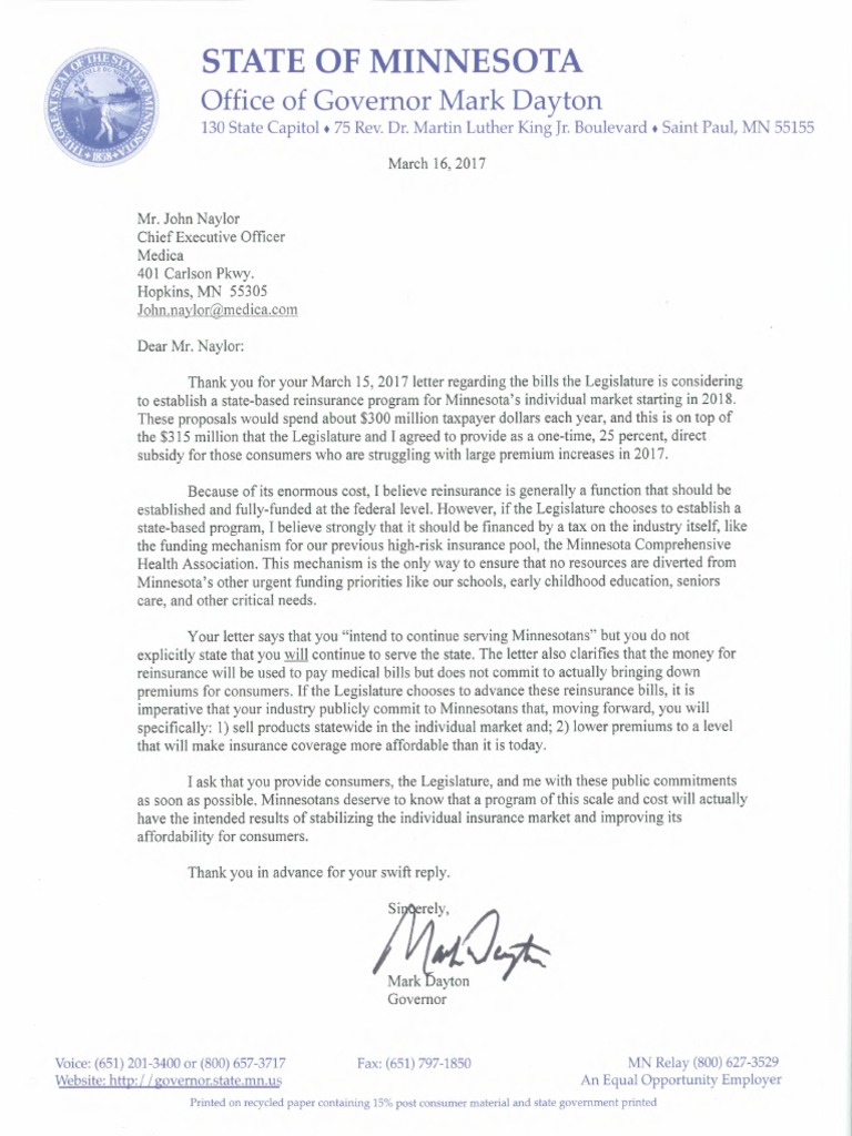 Dayton Reinsurance Letter | PDF | Mark Dayton | Minnesota
