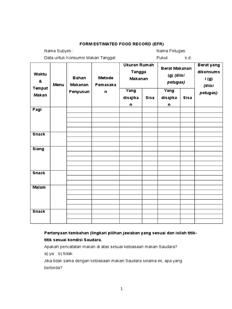 Form Estimated Food Record | PDF