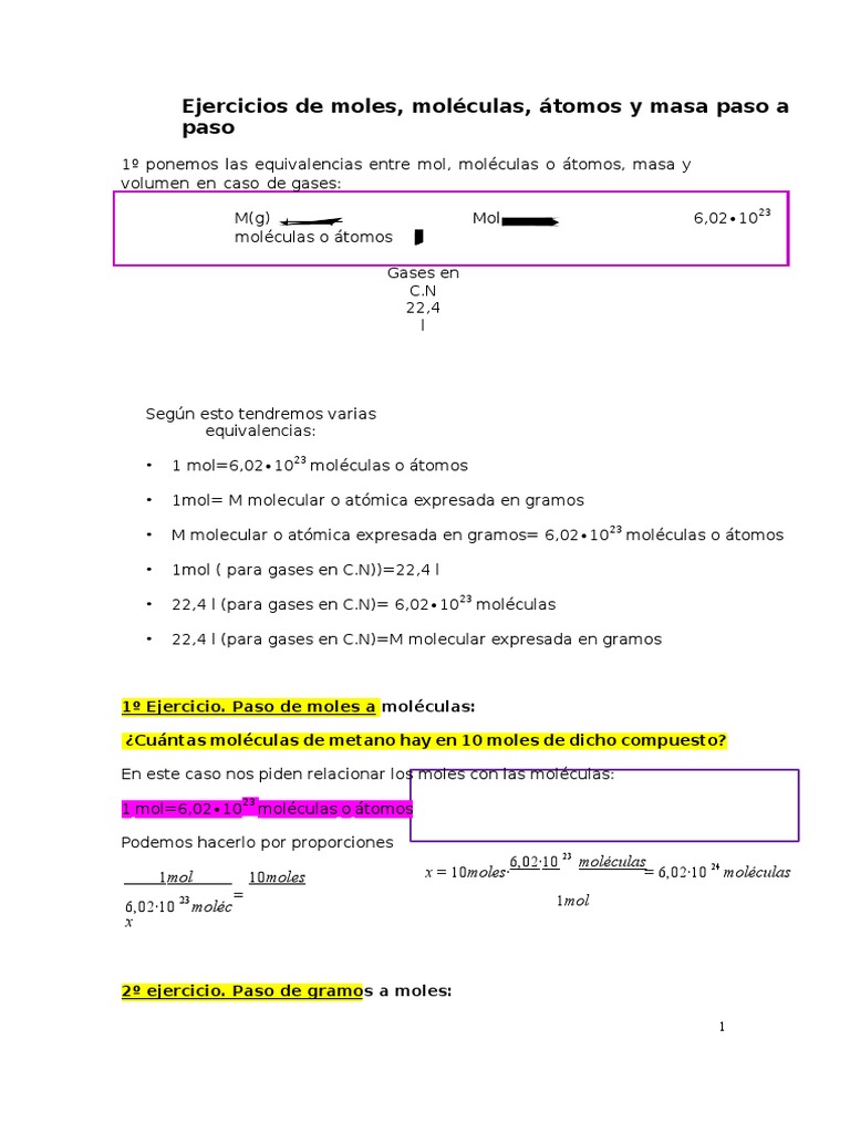 Ejercicios de Moles y Equivalencias | PDF | Mole (Unidad) | Gases
