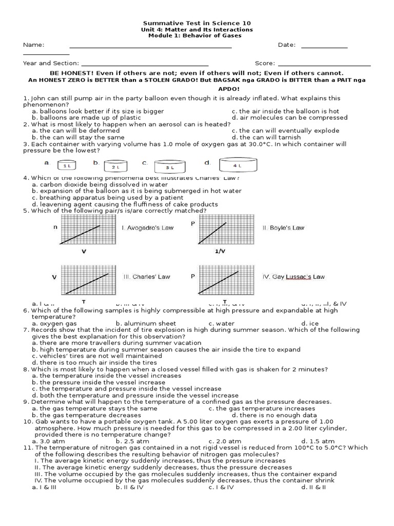 Mastery Test: Behavior of Gases | PDF | Gases | Carbon Dioxide