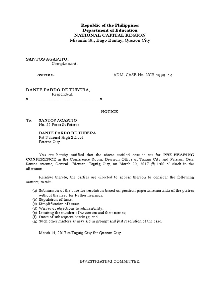 Notice of Pre-Hearing Conference DepEd