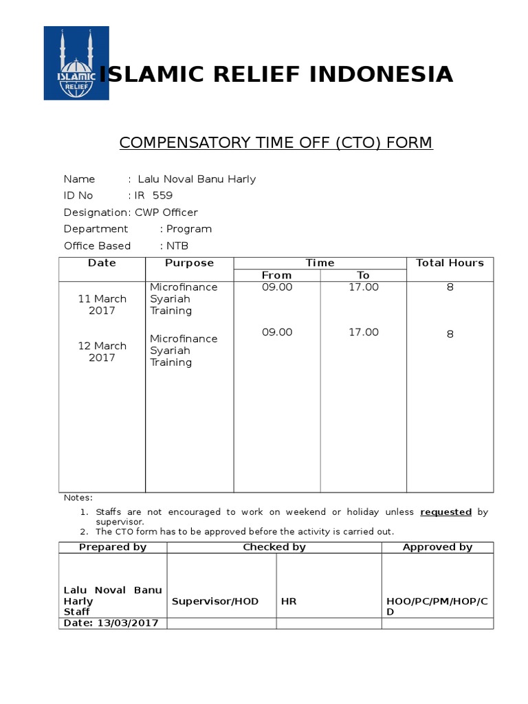 Islamic Relief Indonesia: Compensatory Time Off (Cto) Form | PDF