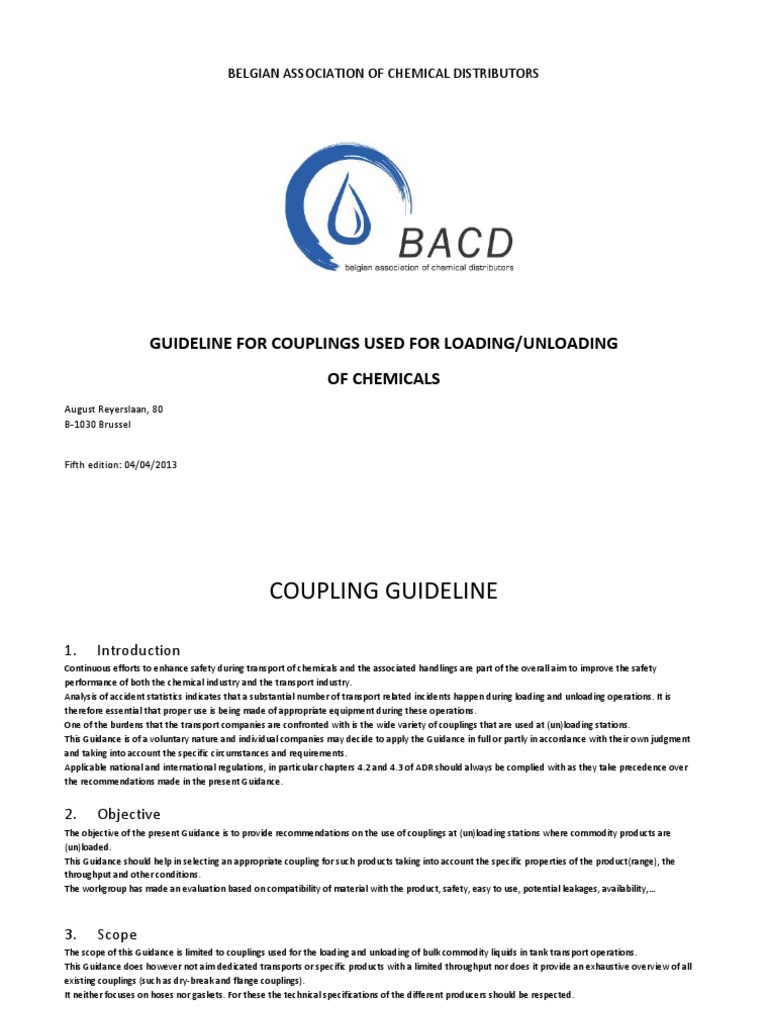 GUIDELINE FOR COUPLINGS USED FOR UNLOADING OF CHEMICALS Rev 5 - Eng PDF | PDF | Polyethylene | Acid