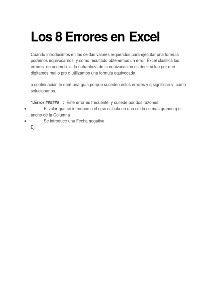Los 8 Errores en Excel | PDF | Microsoft Excel | Hoja de cálculo
