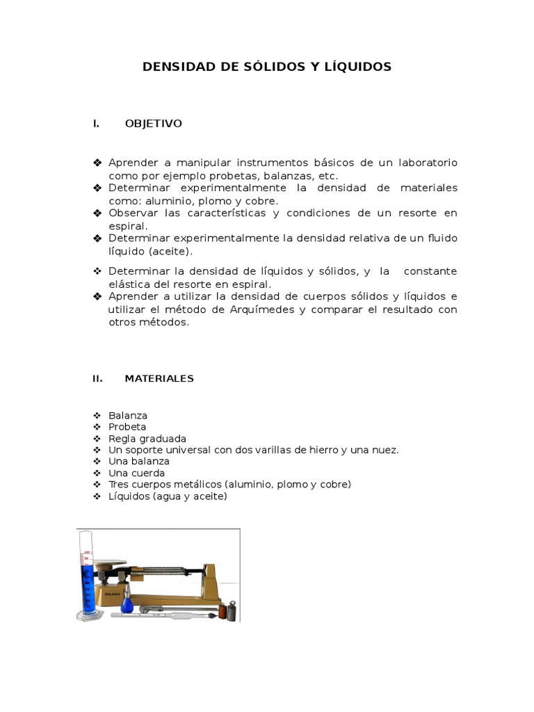 Densidad De Sólidos Y Líquidos Informe Densidad Volumen Prueba