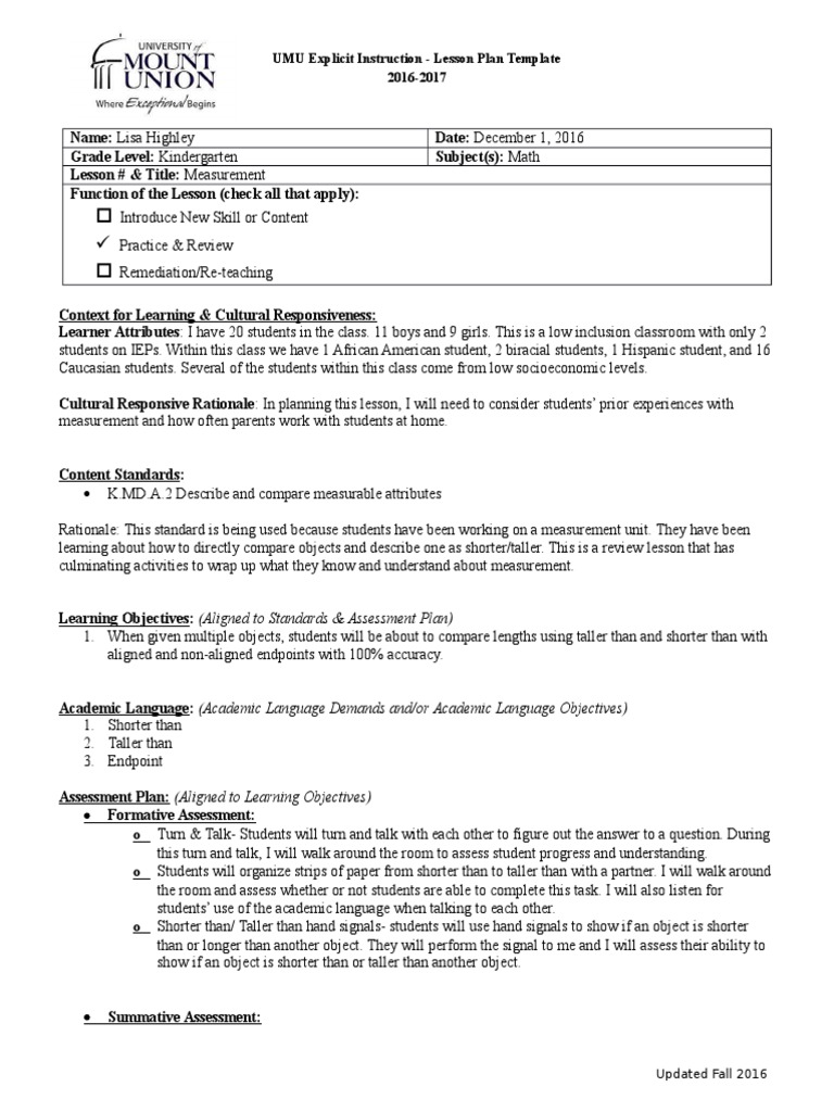 Kindergarten Measurement Lesson Plan | PDF | Educational Assessment ...