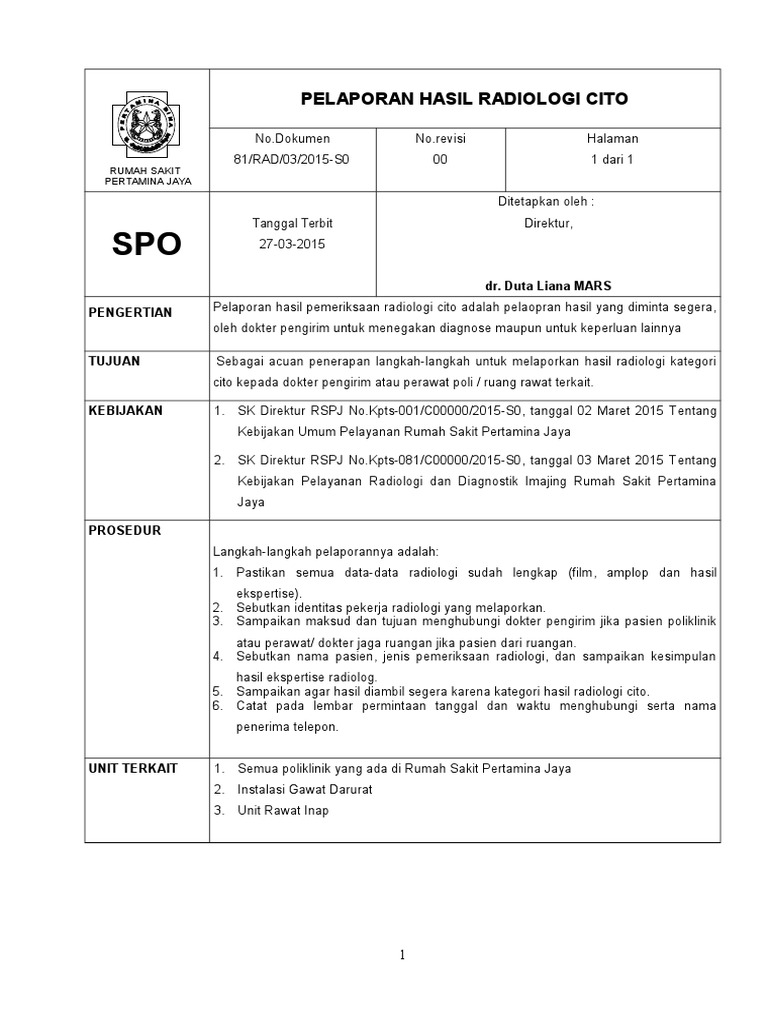 SPO Pelaporan Hasil Radiologi Cito | PDF