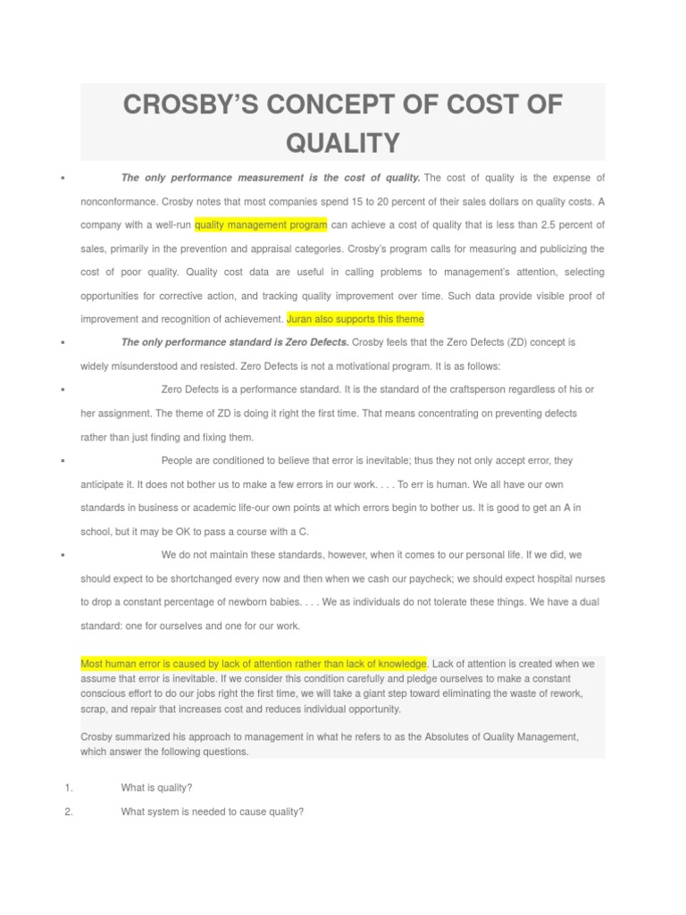 Crosby's Concept of Cost of Quality | PDF | Quality Management ...