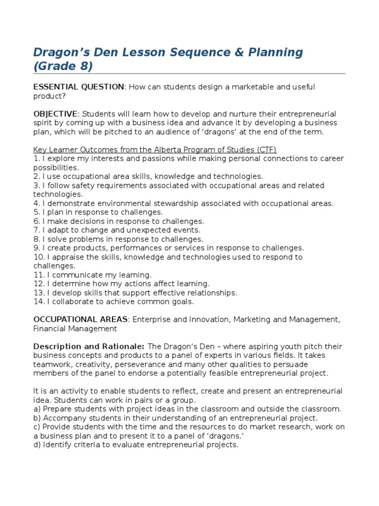 DD Unit Plan and Lesson Plans | PDF | Entrepreneurship | Educational ...