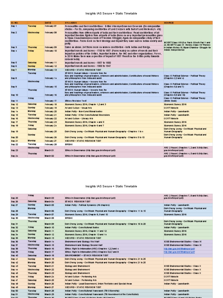 Insights IAS Secure Static Timetable Sheet1 2 | PDF | Political ...