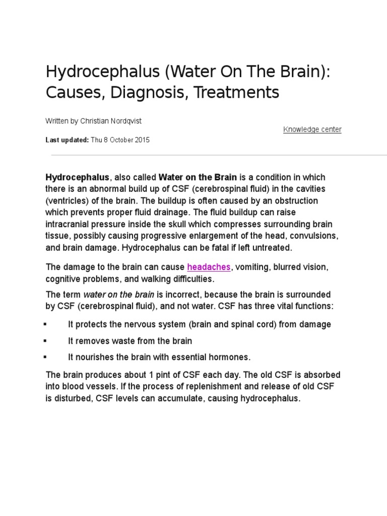 Hydrocephalus (Water On The Brain) : Causes, Diagnosis, Treatments | PDF