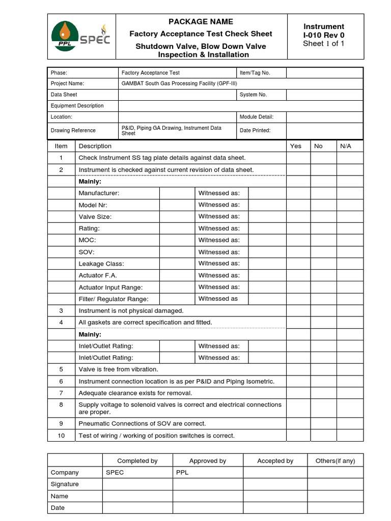Package Name Factory Acceptance Test Check Sheet Shutdown Valve, Blow ...