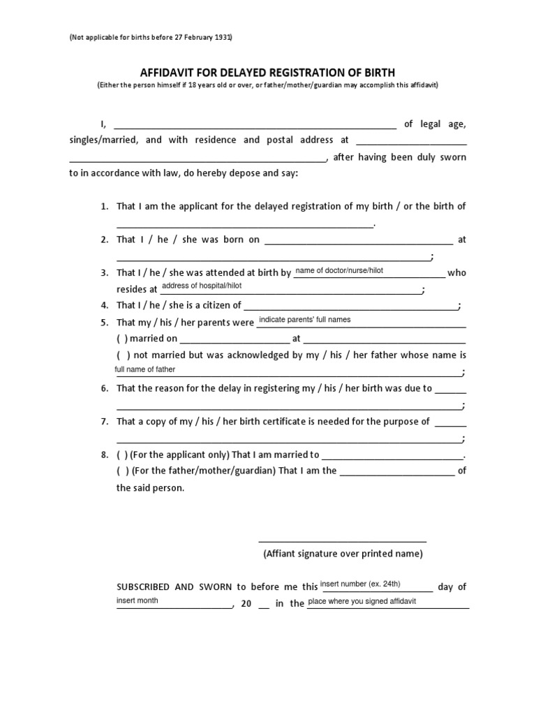 Affidavit For Delayed Registration of Birth | PDF