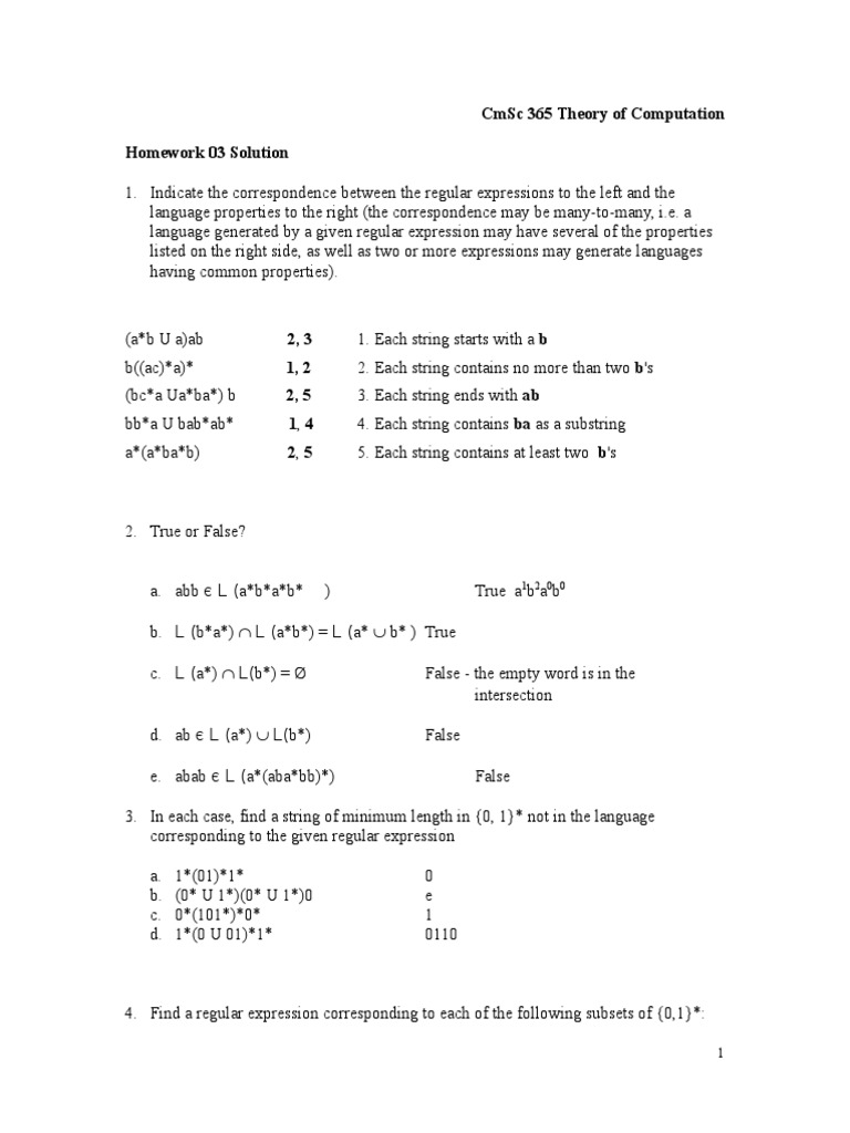 CmSc 365 Theory of Computation Homework 03 Solution | PDF