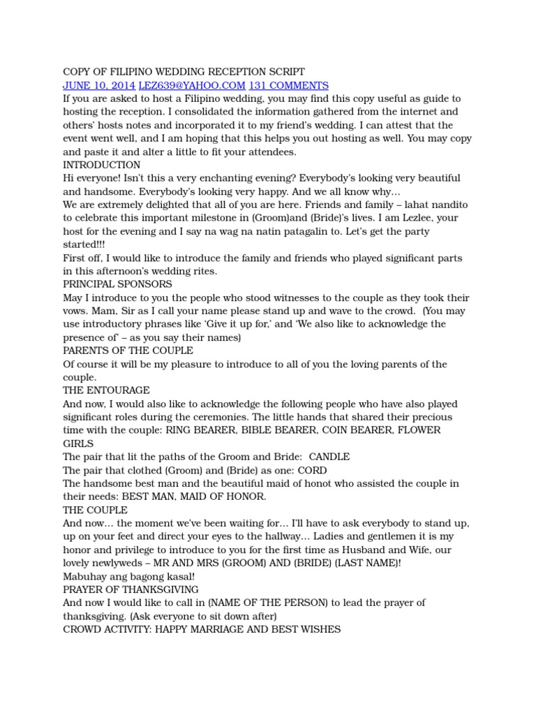 Filipino Wedding Reception Script | PDF | Wedding | Bride
