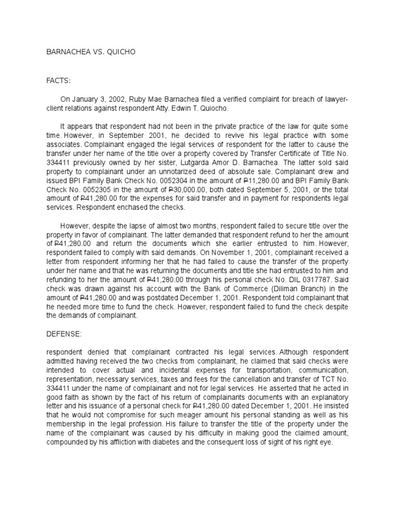 Barnachea Vs Quicho Rule 16.04 | PDF | Lawyer | Practice Of Law
