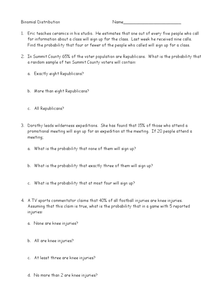 Binomial Distribution Worksheet | PDF | Coronary Artery Bypass Surgery ...