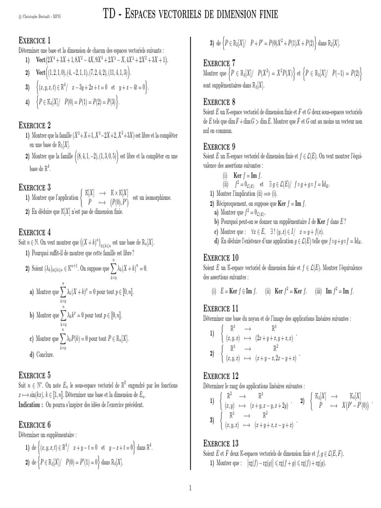 Exercices sur les espaces vectoriels | PDF | Espace vectoriel ...