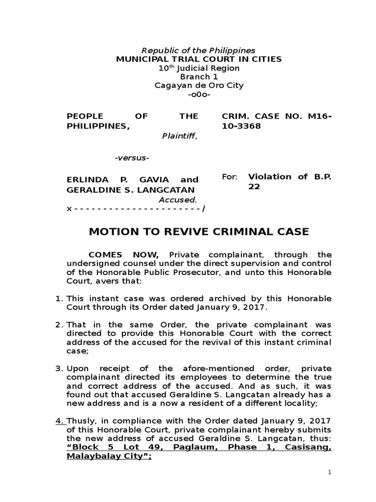 Motion To Revive - Gavia and Langcatan | PDF | Judiciaries | Common Law