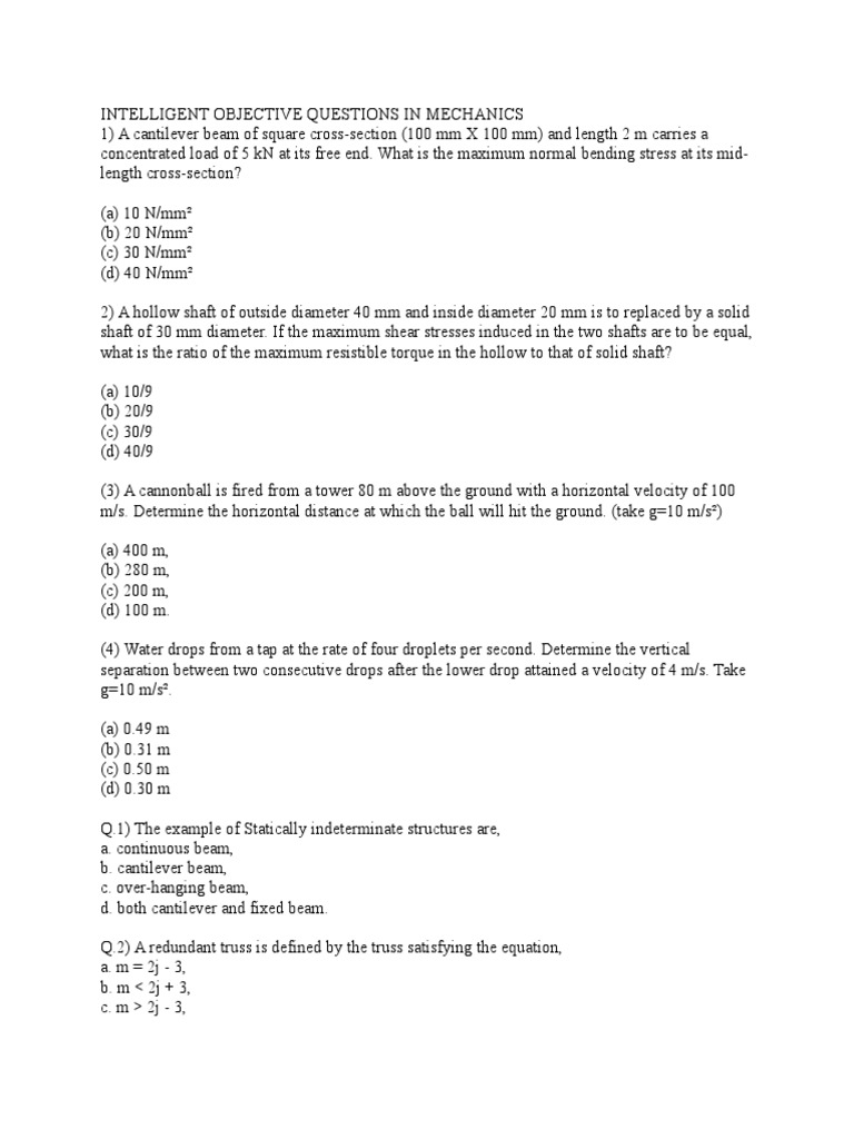 Engineering Mechanics MCQ Questions | PDF | Bending | Force