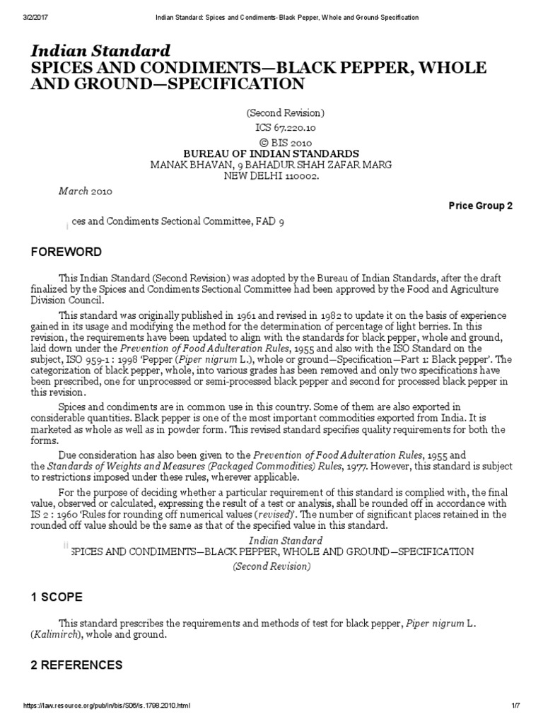 Black Pepper Specification IS 1798 | PDF | Black Pepper | Spice